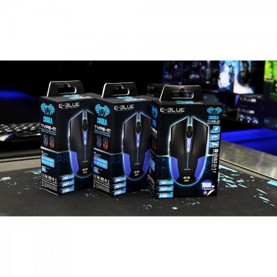 Mouse Gamer USB 1600DPI Cobra Type-M Preto/Azul E-BLUE - Mundomax